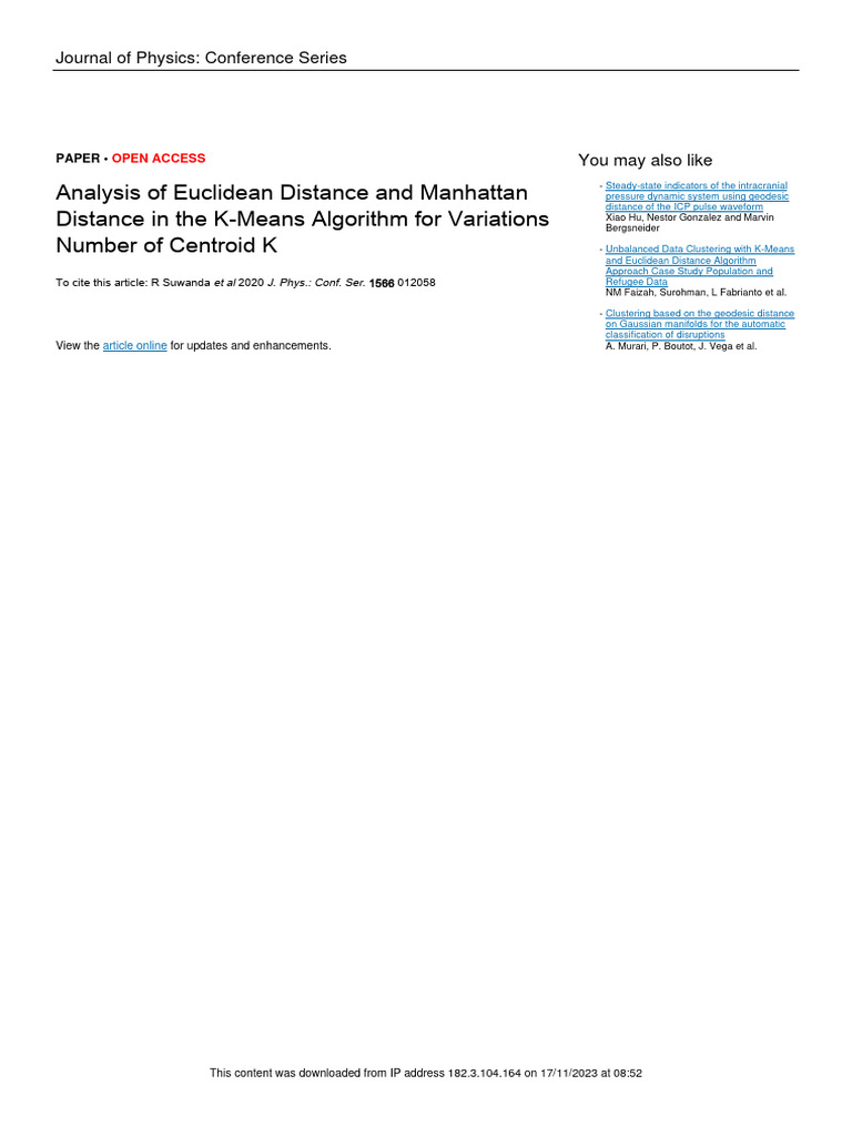 Analysis of Euclidean Distance and Manhattan | PDF | Cluster Analysis ...