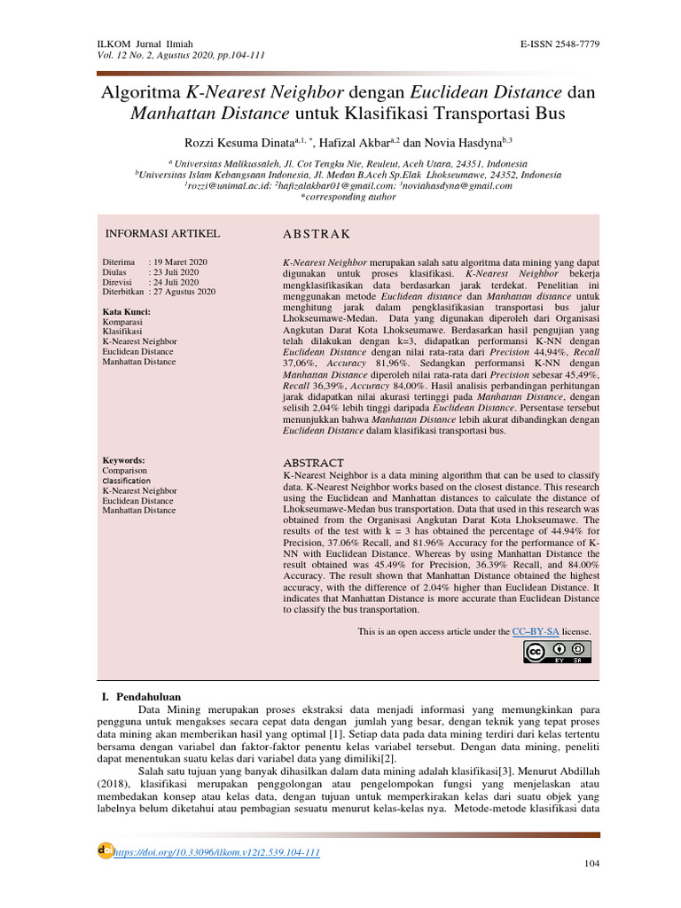 Algoritma K-Nearest Neighbor Dengan Euclidean Distance Dan | PDF