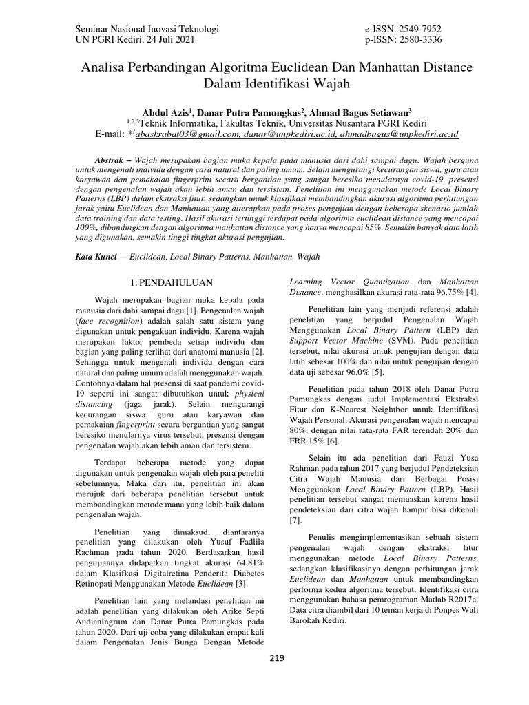Analisa Perbandingan Algoritma Euclidean Dan Manhattan Distance | PDF