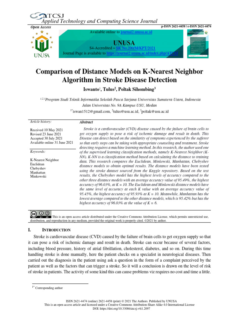 Comparison of Distance Models On K-Nearest Neighbor Algorithm in Stroke Disease Detection | PDF ...