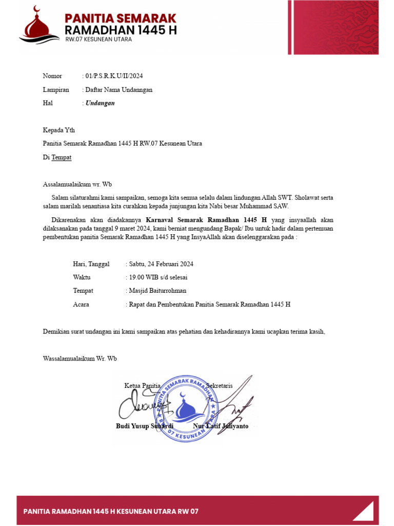 Surat Undangan Panitia Semarak Ramadhan 1445 H | PDF
