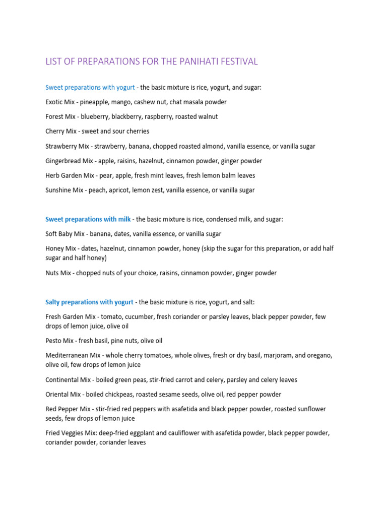 List of Preparations For The Panihati Festival | PDF