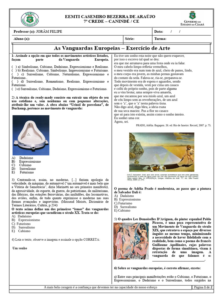Exercícios sobre Vanguardas Europeias | PDF | Modernismo | Expressionismo