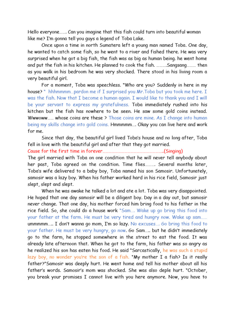 Hello Everyone, Teks Story Telling Toba Lake Print | PDF