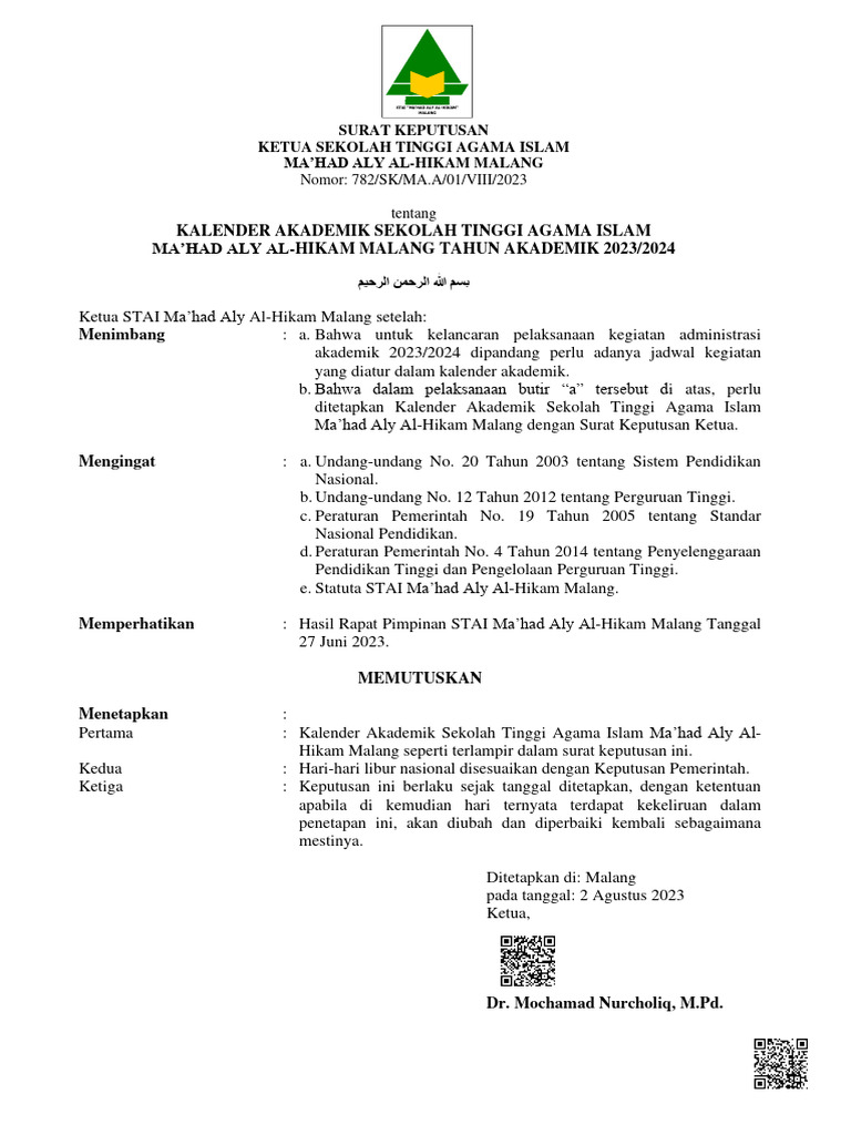 Kalender Akademik STAI Ma'had Aly 2023/2024 | PDF