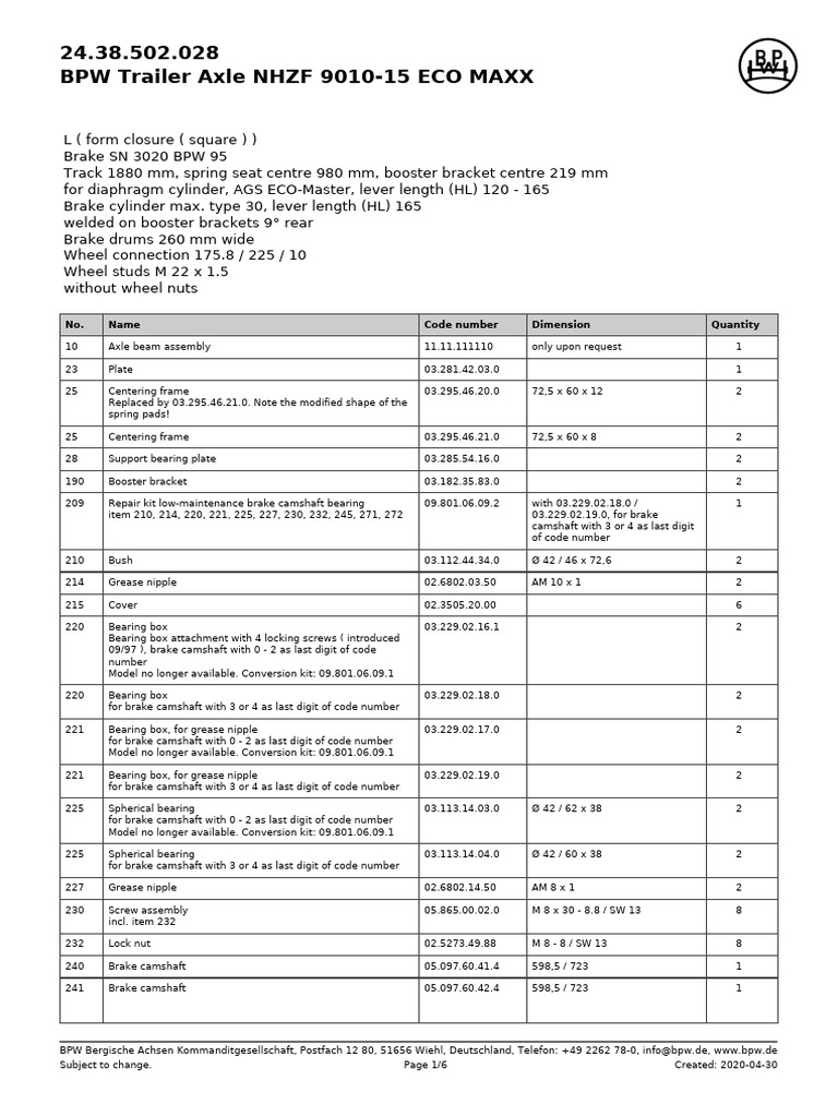 BPW Trailer Axle Parts List | PDF | Axle | Bearing (Mechanical)