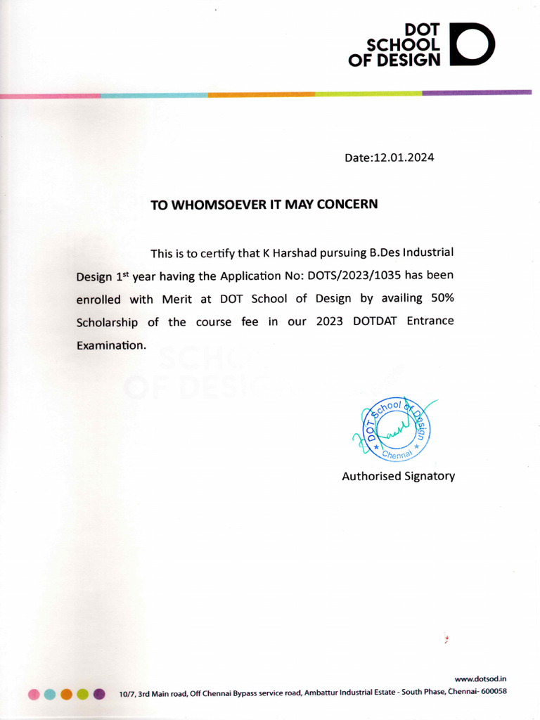 Bonafide Certificate - Harshad K | PDF