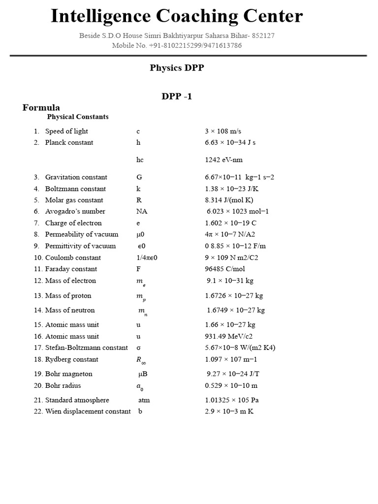 Physic Dpp 1 Pdf Mole Unit Electron