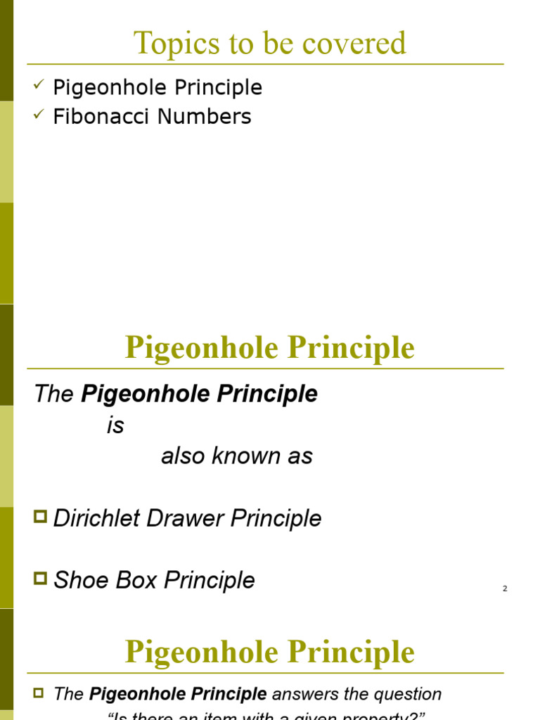 Lecture 2b - Pigeonhole Principle and Fibonacci Numbers (20 Slides) | PDF