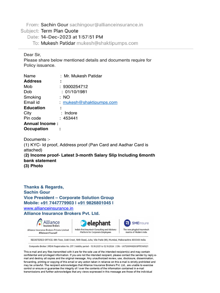 Term Plan Quote | PDF