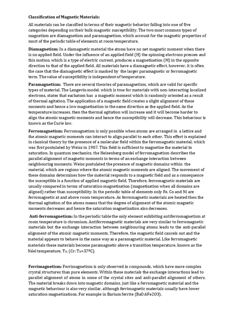 Classification of Magnetic Materials | PDF | Ferromagnetism | Magnetism
