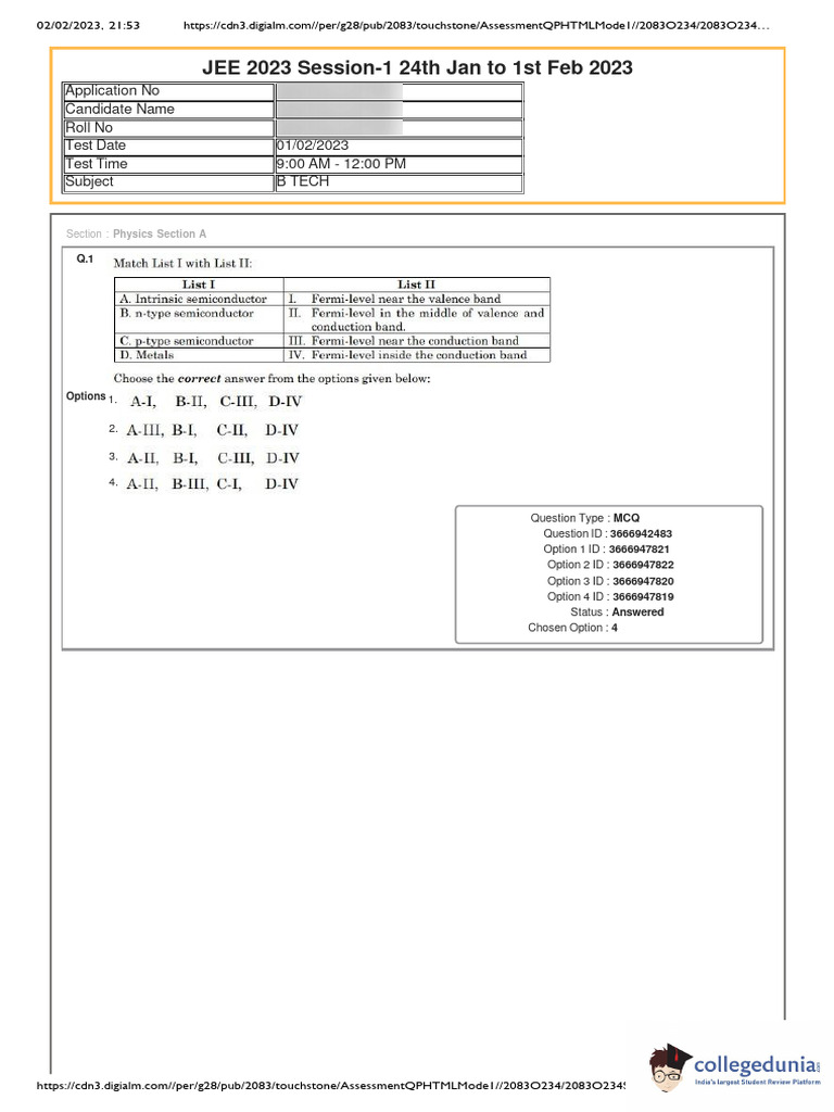 JEE Main 2023 1 February Shift 1 Question Paper | PDF | Multiple Choice ...