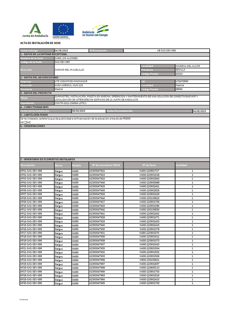 Acta de Instalación SAS-SEV-099 | PDF