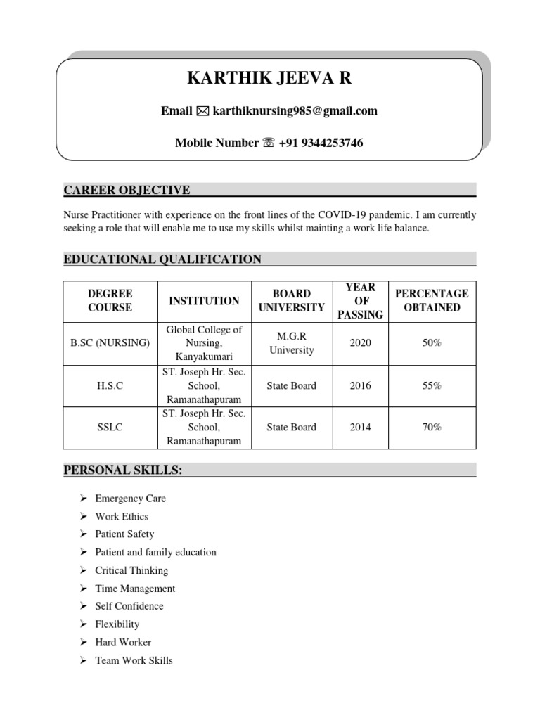 Karthik Jeeva R - Resume | PDF | Nursing | Health Sciences