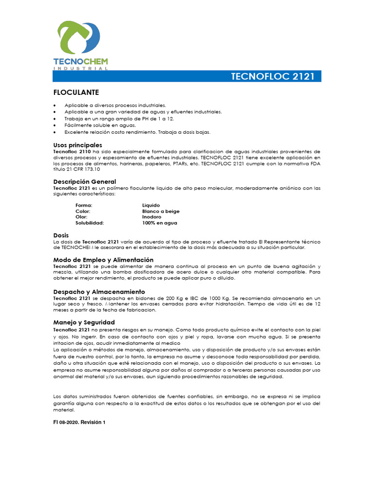 TDS Tecnofloc 2121 | PDF | Agua | Ciencias fisicas