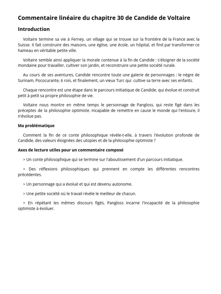 Voltaire, Candide - Explication Linéaire Du Chapitre 30 | PDF