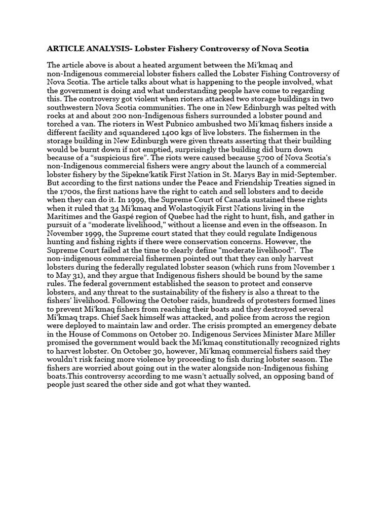 ARTICLE ANALYSIS - Lobster Fishery Controversy of Nova Scotia | PDF