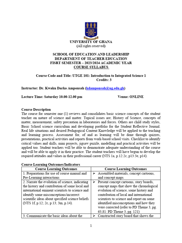 UTGE 101 Course Outline - 2024 | PDF | Pedagogy | Teachers