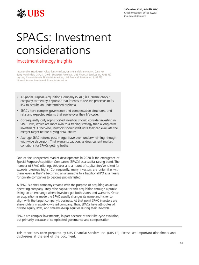 INFO UBS - SPACs - Investment Considerations B | PDF | Investing | Mergers And Acquisitions