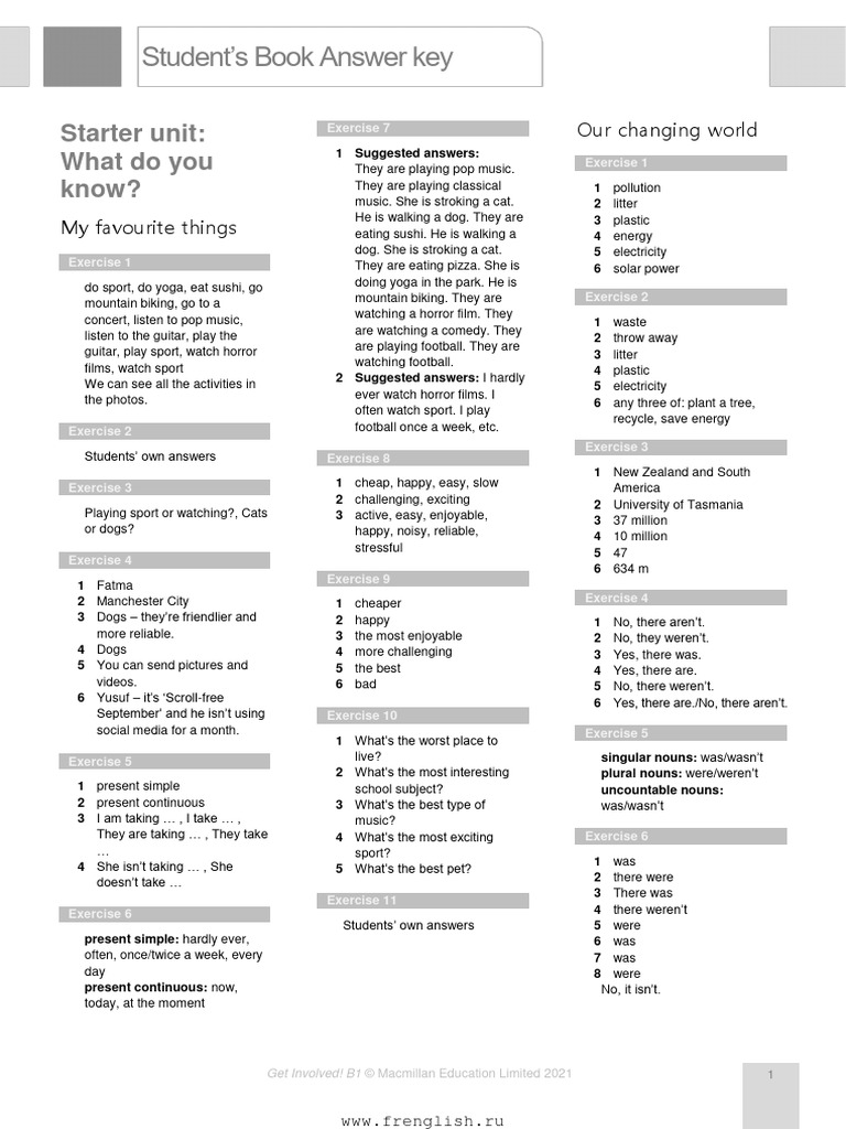 Student's Book Answer Key: Starter Unit: What Do You Know? | PDF ...