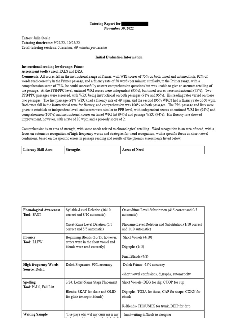 Tutoring Report Template Julie | PDF | Phonics | Cognition
