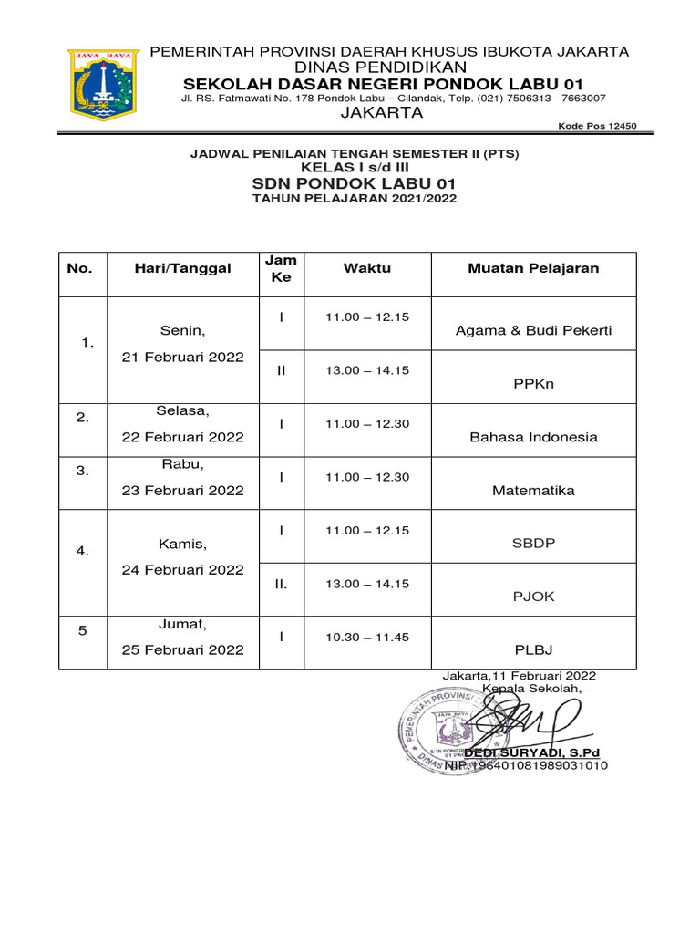 Jadwal PTS 2021 2022 Kelas 1 | PDF