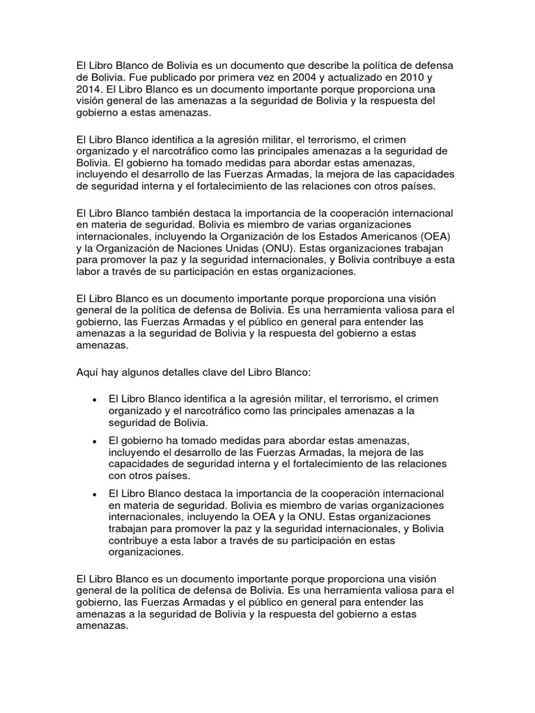 El Libro Blanco de Bolivia Es Un Documento Que Describe La Política de ...