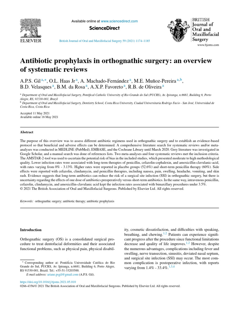 Antibiotic Prophylaxis in Orthognathic Surgery - An Overview of ...