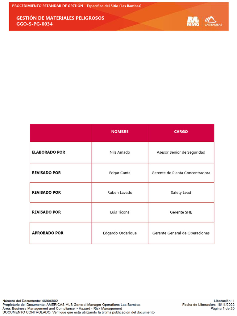 GGO-S-PG-0034 Gestión de Materiales Peligrosos - 46906802 | PDF | Sustancias químicas | Química