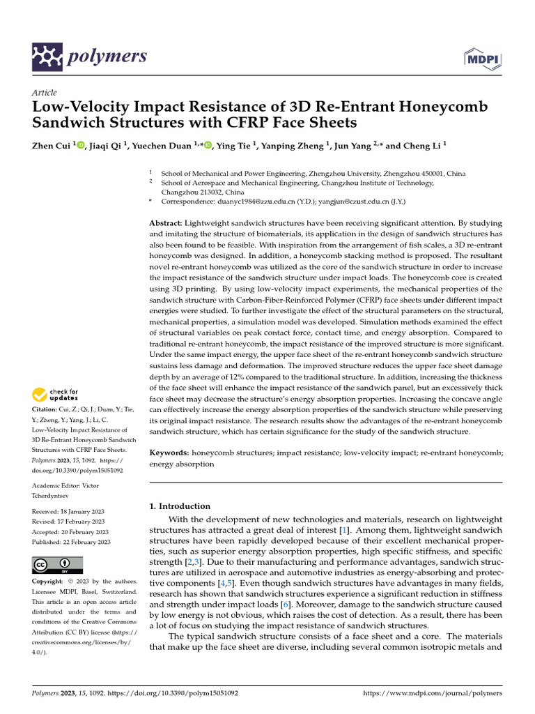 Low-Velocity Impact Resistance of 3D Re-Entrant Honeycomb Sandwich ...