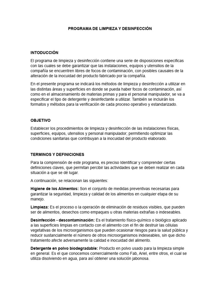 Programa de Limpieza y Desinfección | PDF | Cerveza | Concentración