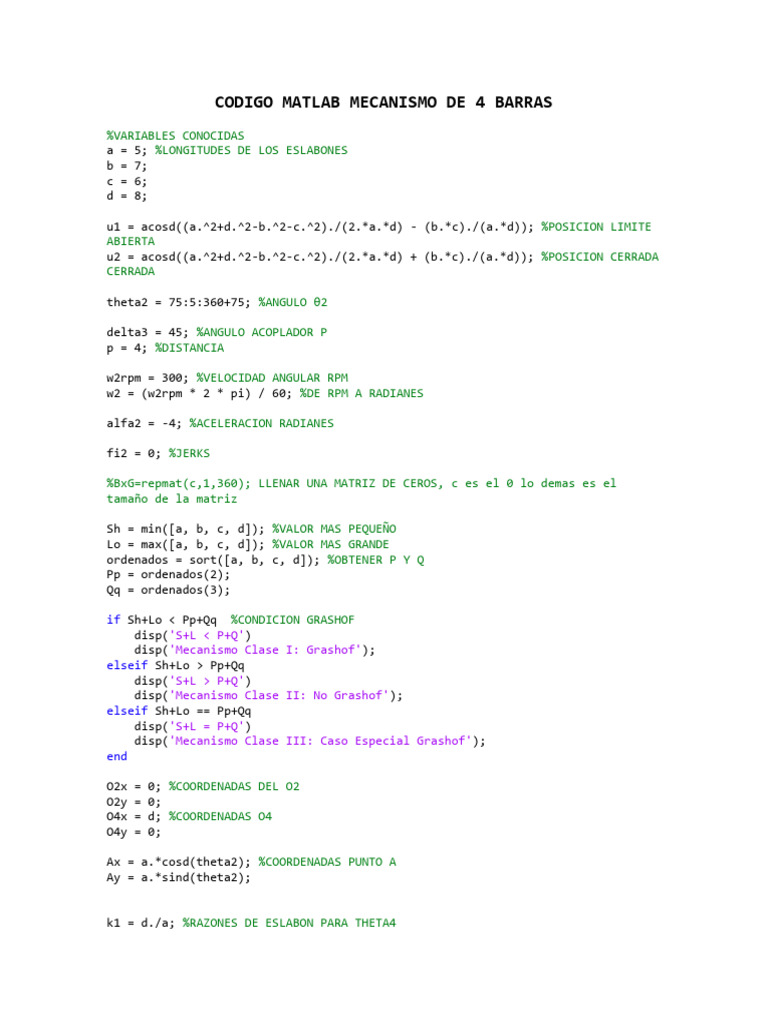 Codigo Matlab Mecanismo de 4 Barras | PDF | Mecánica | Velocidad