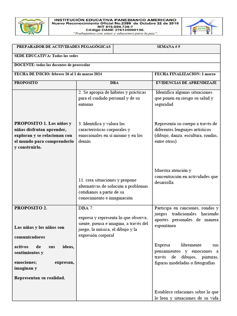 PLANEACION Semana # 5 2024 | PDF | Aprendizaje | Las emociones
