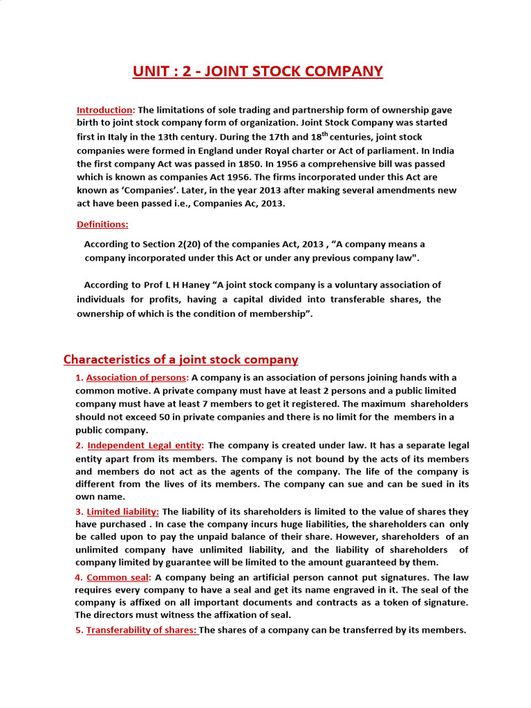 Unit 2 Notes | PDF | Joint Stock Company | Stocks Unit 2 Notes | PDF | Joint Stock Company | Stocks