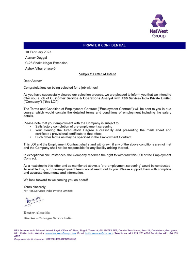 Aarnav Duggal LOI Letters | PDF