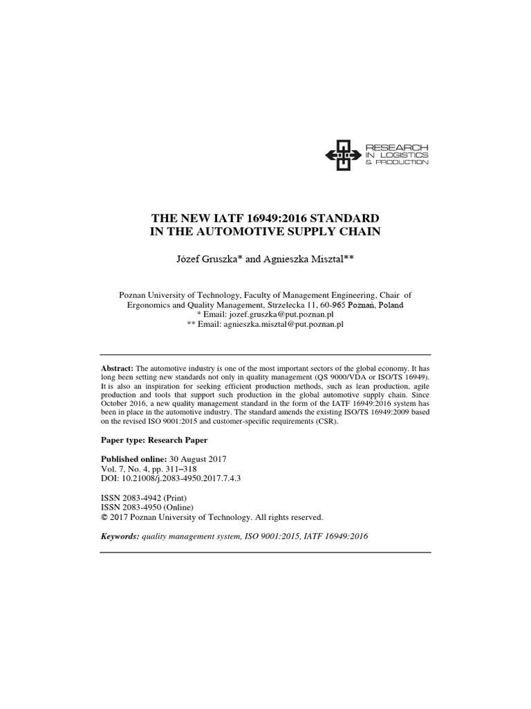 The New IATF 169492016 Standard in The Automotive Supply Chain | PDF | Quality Management | Iso 9000