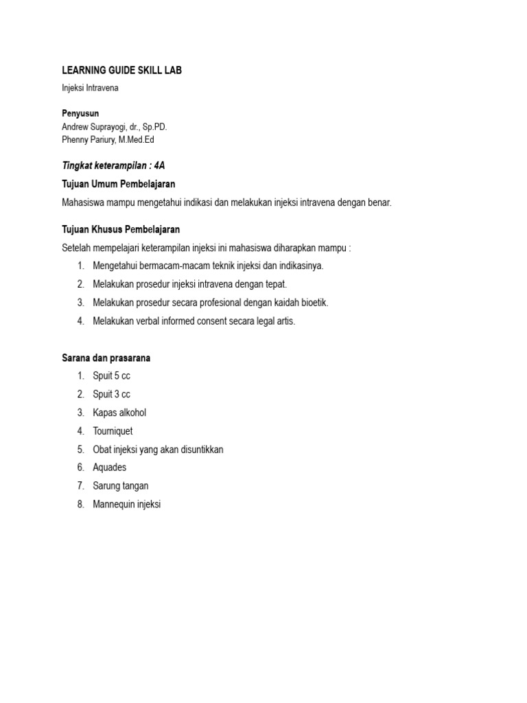 LEARNING GUIDE SKILL LAB Injeksi Intravena | PDF