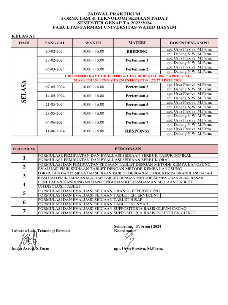 Jadwal Praktikum FTS Padat 2023-2024 | PDF