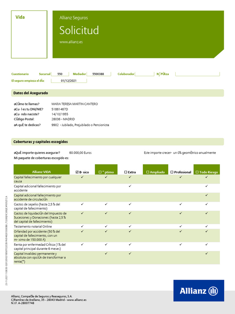 Solicitud Allianz | PDF | Seguro | Reaseguro