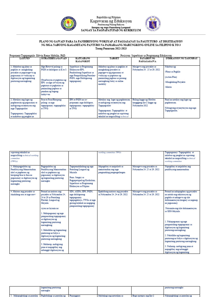 Debuho Plano Sa Pagkilos Action Plan Sa Filipino | PDF