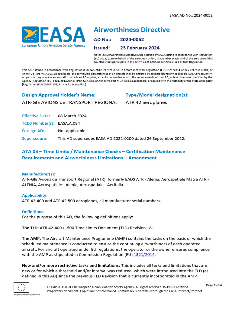 Easa Ad 2024-0052 1 | PDF | Aeronautics | Transport