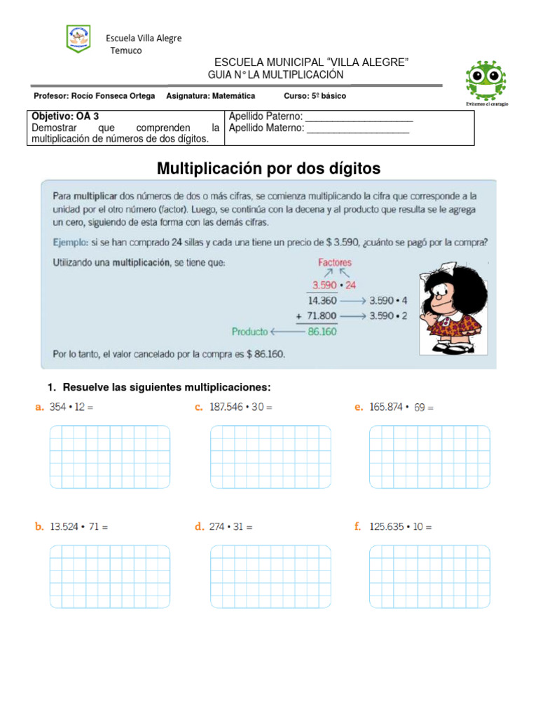 GUÍA #9 5º MATEMATICA Problemas Multiplicación Por Dos Digitos | PDF
