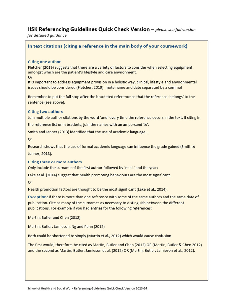 HSK Referencing Guidelines Quick Check Version | PDF | Nursing | Midwife