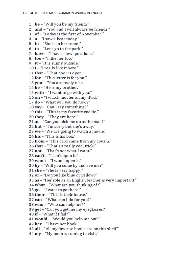 1000 Most Common English Words List | PDF
