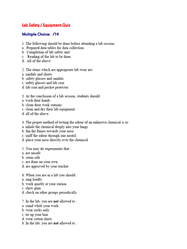 Science 9lab Safety Quiz | PDF