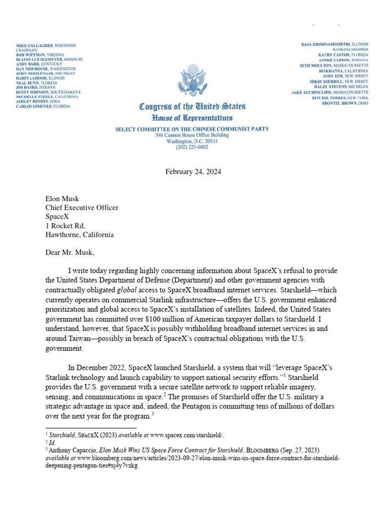 House CCP Letter To Elon Musk On Starshield | PDF