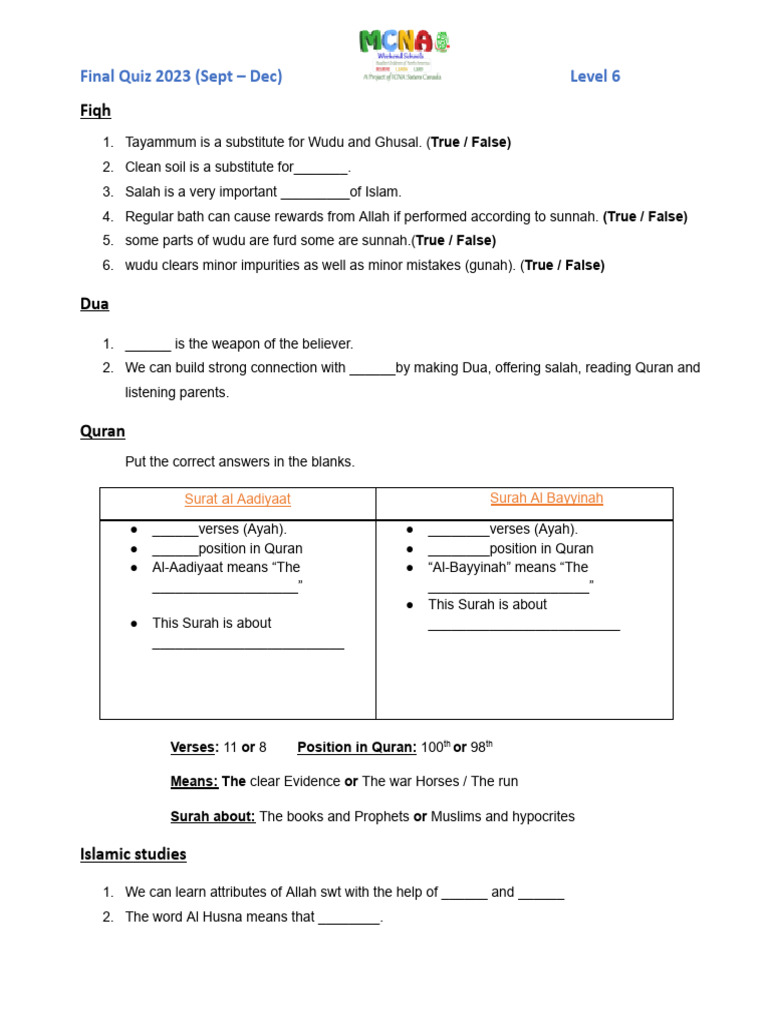 Islamic Studies Quiz Pdf Kafir Surah