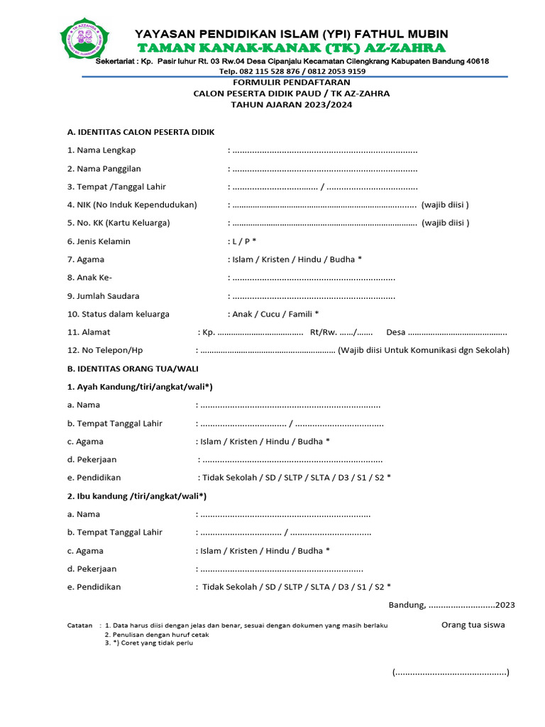 Formulir Pendaftaran TK | PDF