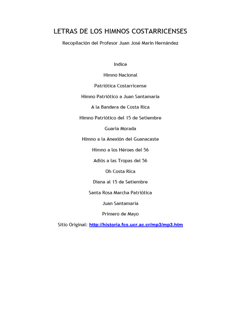 Letras de Los Himnos Costarricenses | PDF | Costa Rica