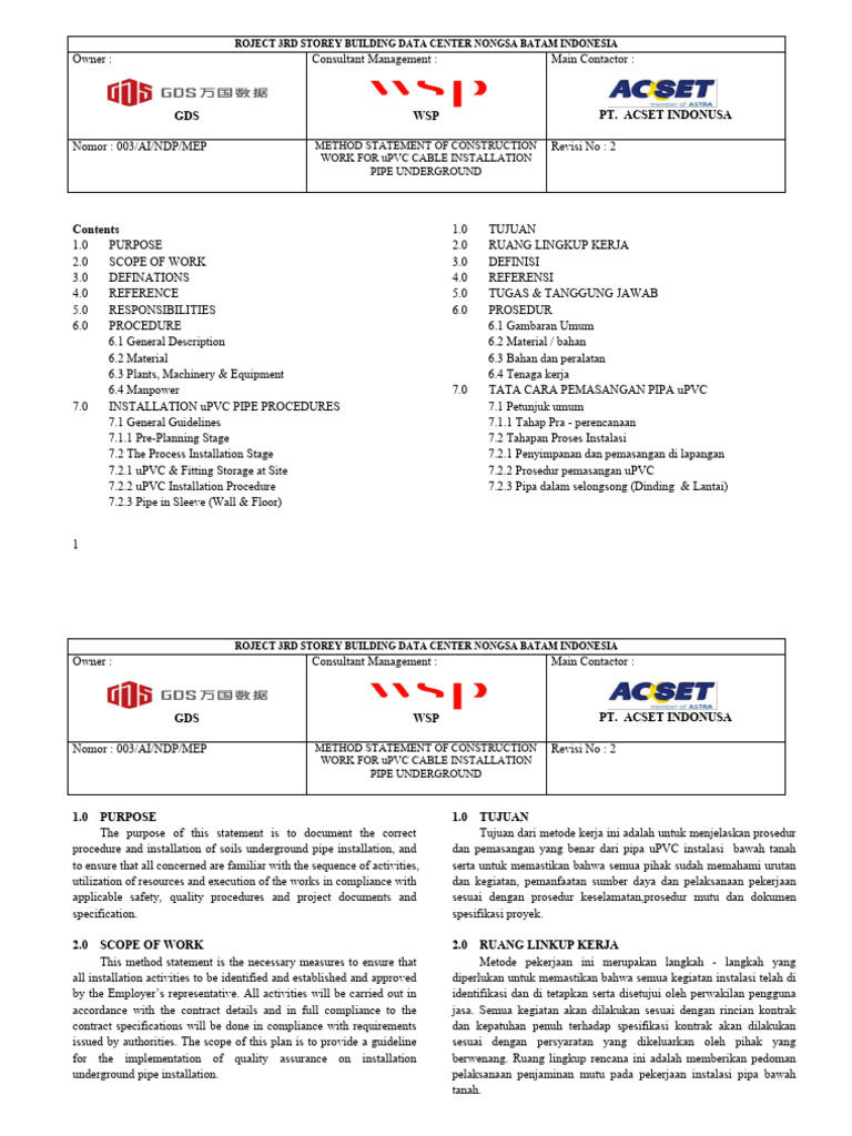 Methode Statement of Costruction Work For uPVC Cable Installation Pipe ...